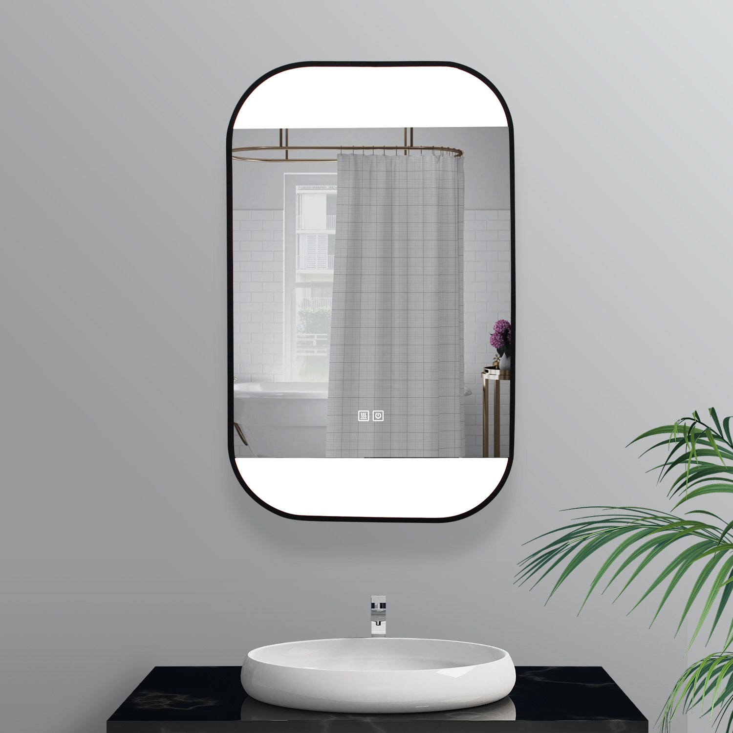 HYDRA Black Metal Bathroom Mirror with LED Lighting and Anti-Fog Featu ...